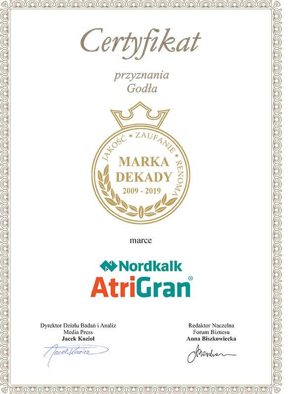 Marka Dekady dla Nordkalk Atrigran - Nordkalk